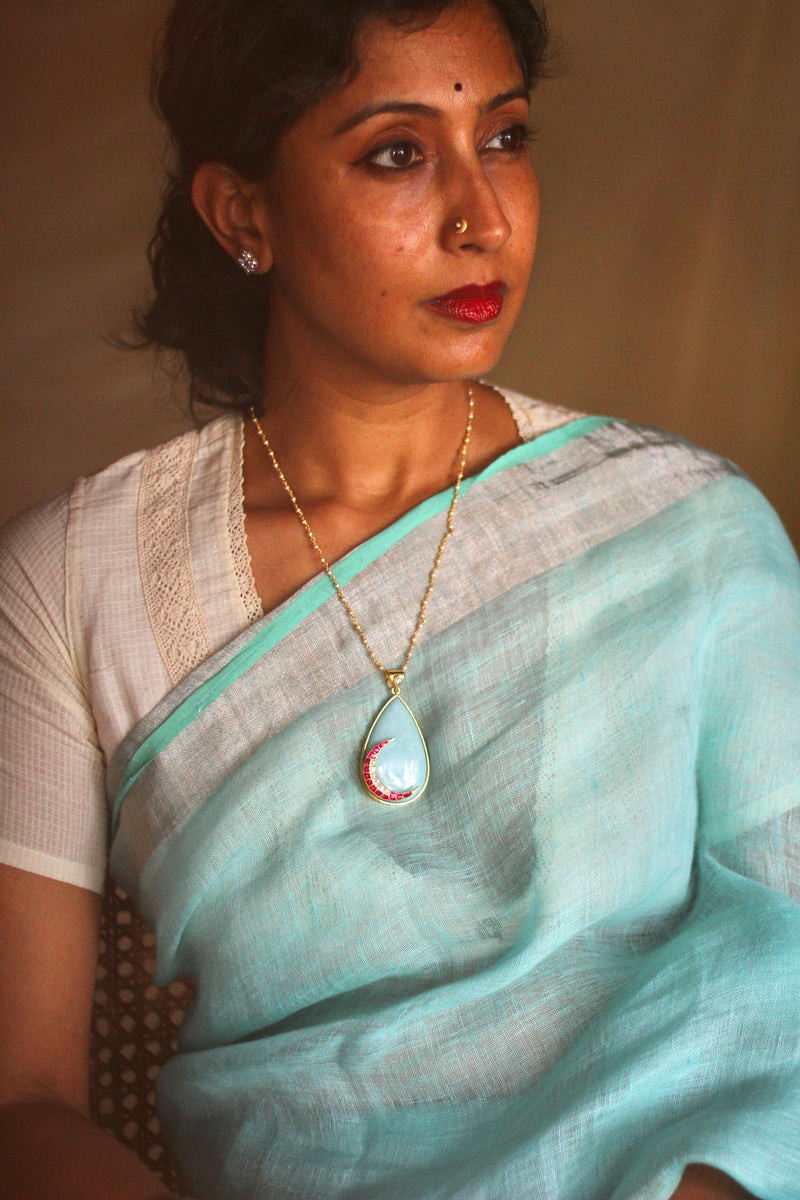 Nandini Pink Jadau Crescent on an Turquoise Droplet Pendant – The ...