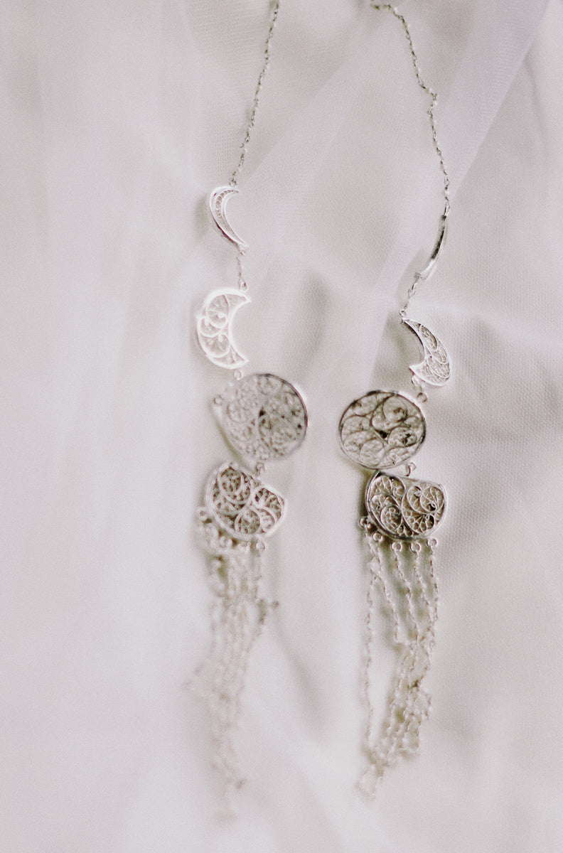Phases of the Moon Filigree Stud with Rice Pearls and Ear Chain – The ...